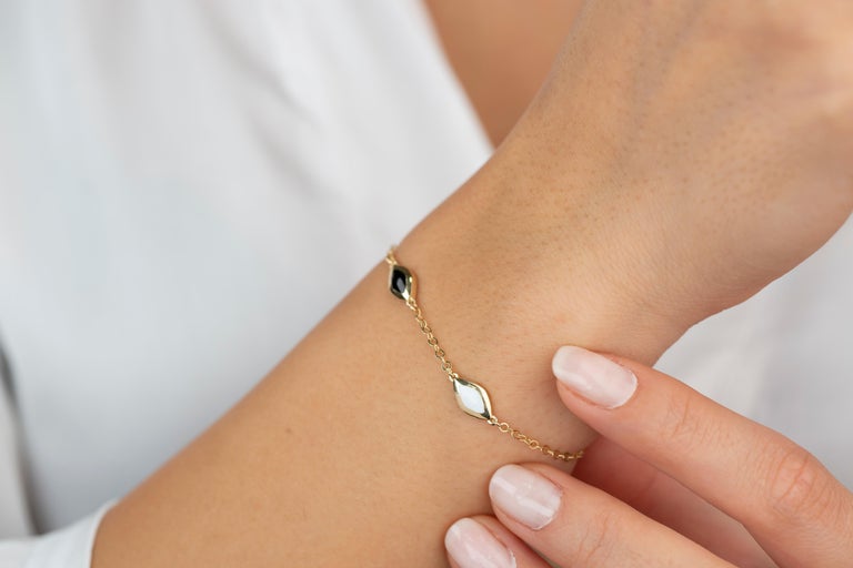 14K Gold Black and White Enameled Rhombus Dainty Bracelet For Sale at ...