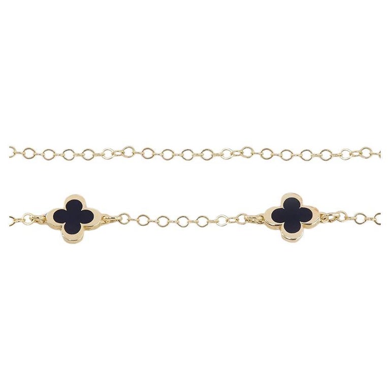 14K Gold Black Enameled Double Clover Shaped Charm Dainty Bracelet For ...