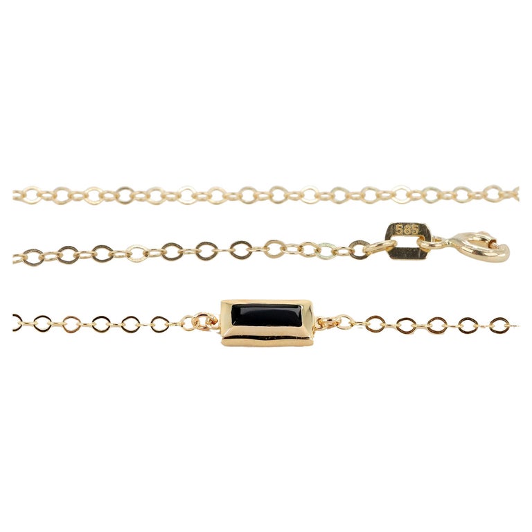 14K Gold Black Enameled Rectangle Shaped Charm Dainty Bracelet For Sale ...