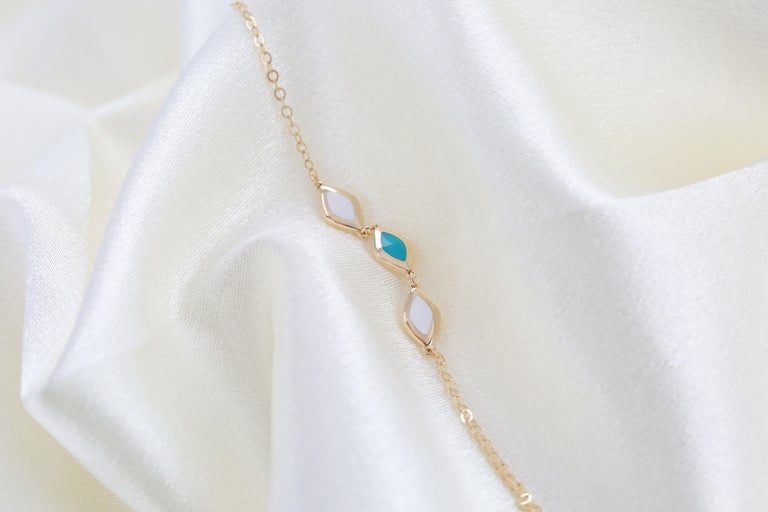 14K Gold Blue and White Enameled Rhombus Dainty Bracelet For Sale at ...