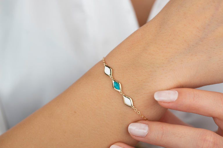 14K Gold Blue and White Enameled Rhombus Dainty Bracelet For Sale at ...