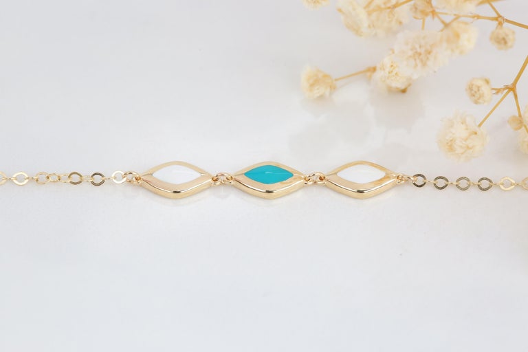 14K Gold Blue and White Enameled Rhombus Dainty Bracelet For Sale at ...