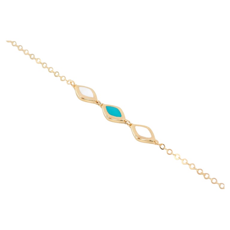 14K Gold Blue and White Enameled Rhombus Dainty Bracelet For Sale at ...
