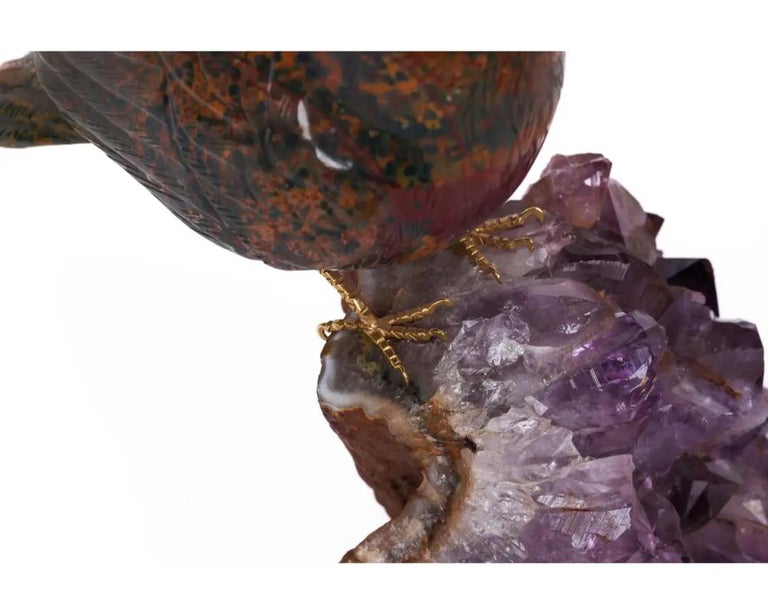 14K Gold, Carved Jasper Bird on an Amethyst Rock Geode For Sale at 1stDibs