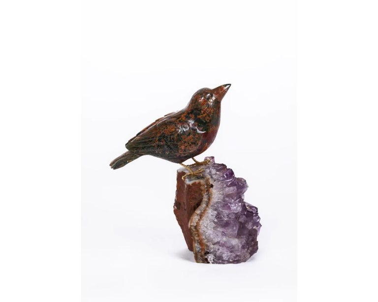 14K Gold, Carved Jasper Bird on an Amethyst Rock Geode For Sale at 1stDibs