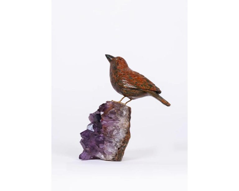 14K Gold, Carved Jasper Bird on an Amethyst Rock Geode For Sale at 1stDibs