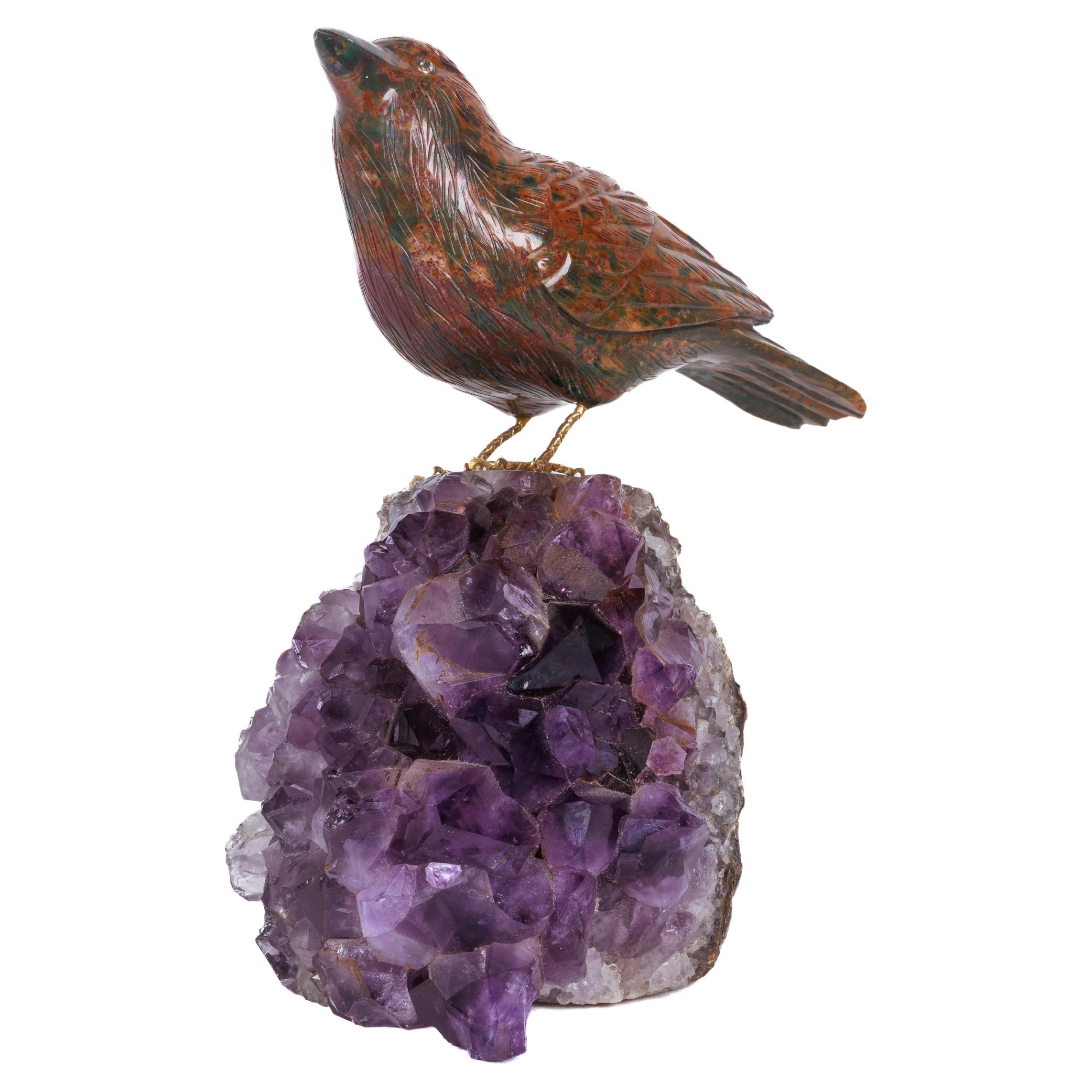Modern Style Rock Crystal Birds on Amethyst Geode For Sale at 1stDibs