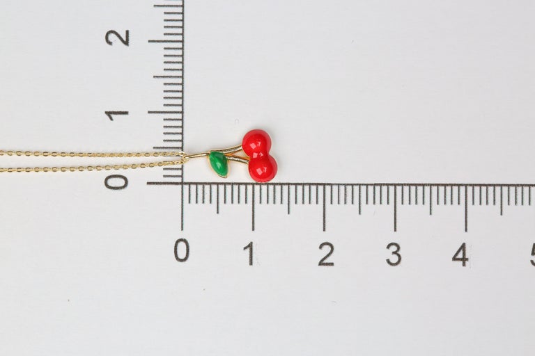14K Gold Cherry Necklace, Enamel Fruit Necklace For Sale at 1stDibs