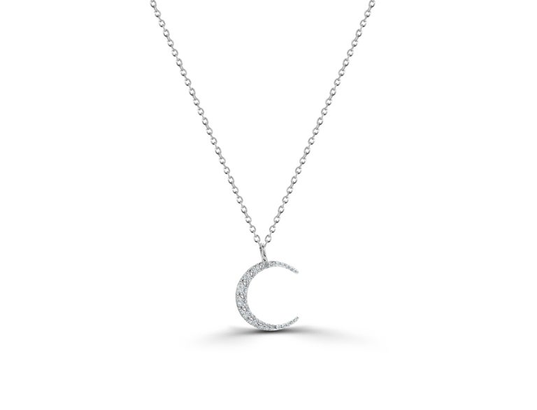 14k Gold Crescent Half Moon Diamond Necklace For Sale at 1stDibs
