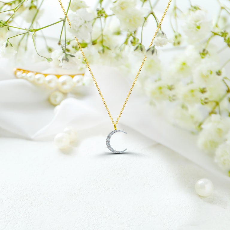 14k Gold Crescent Half Moon Diamond Necklace For Sale at 1stDibs