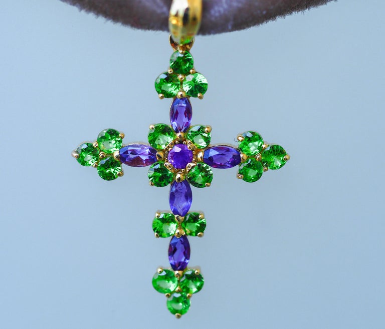 14k Gold Cross Pendant with Colored Stones: Amethysts and Tsavorites at ...