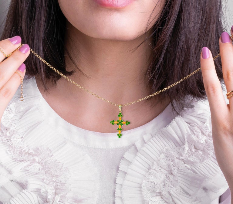 14k Gold Cross Pendant with Opals and Chrome Diopsides For Sale at 1stDibs