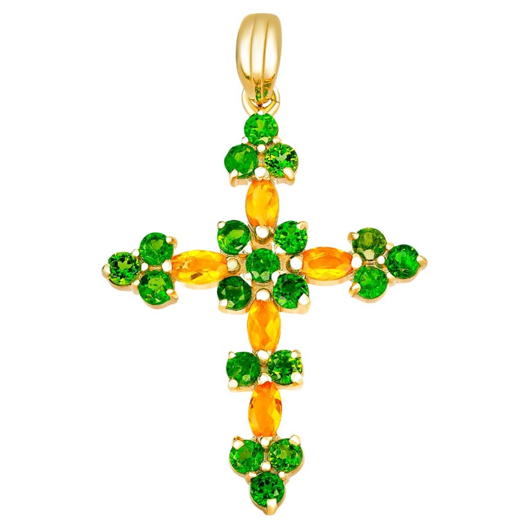 14k Gold Cross Pendant with Opals and Chrome Diopsides For Sale at 1stDibs