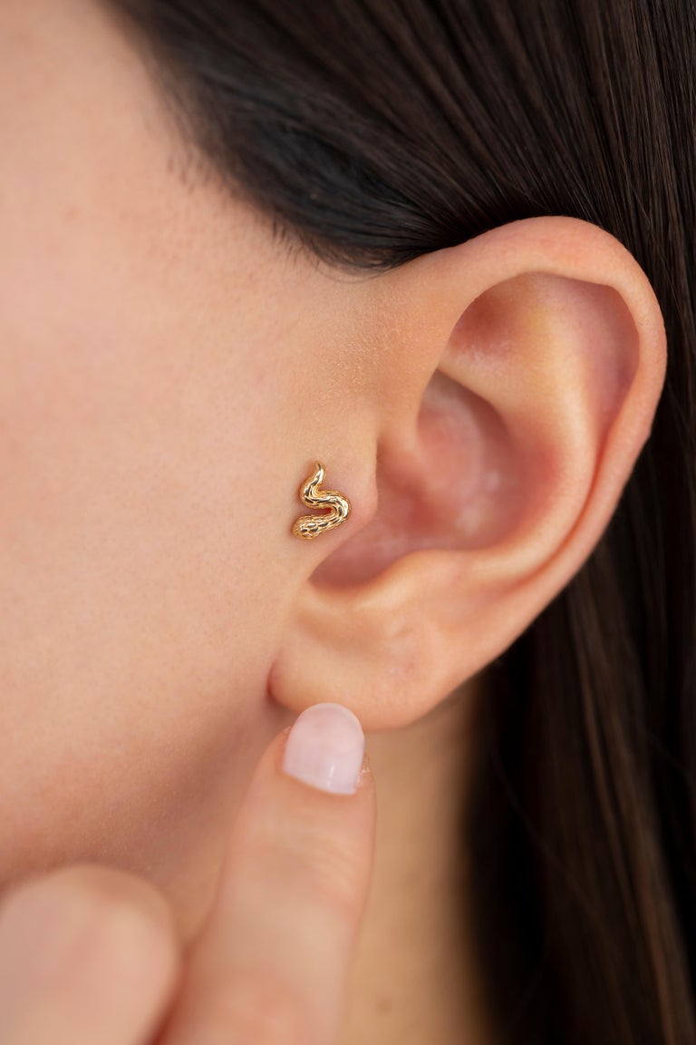14K Gold Cute Serpent Piercing, Bold Snake Gold Stud Earring For Sale ...