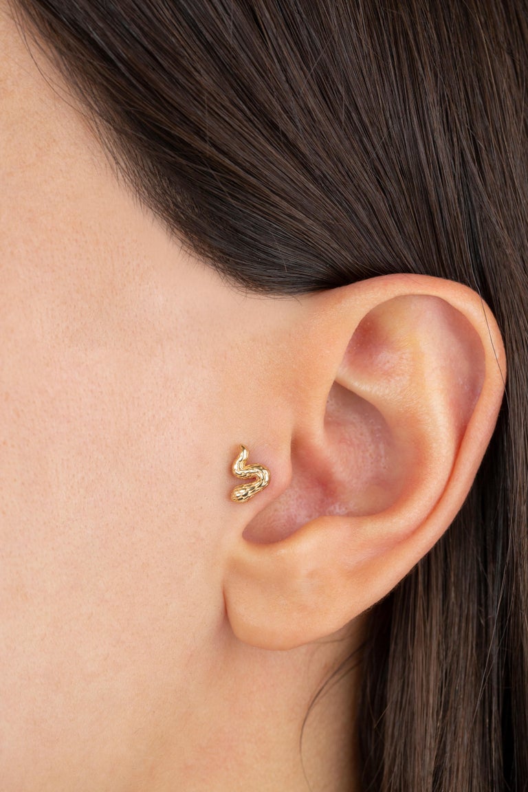14K Gold Cute Serpent Piercing, Bold Snake Gold Stud Earring For Sale ...