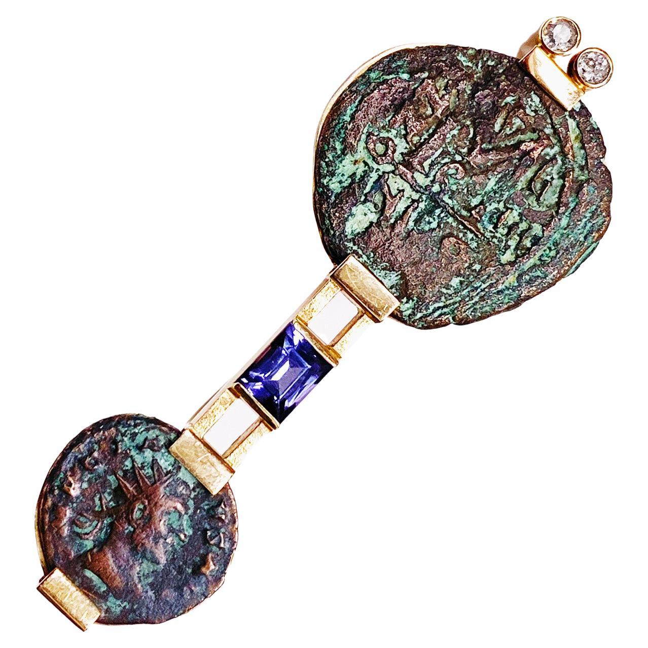 14K Gold Diamond Ancient Coin Brooch Pin at 1stDibs