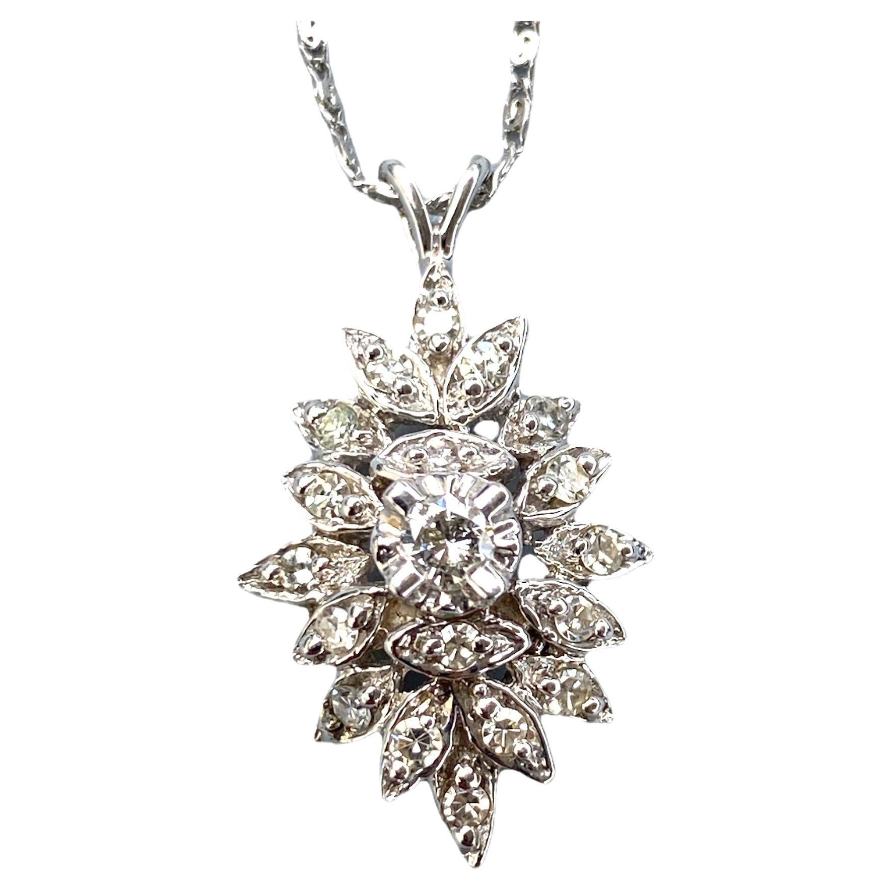 14K White Gold 1.0 Carat Diamond Cluster Journey Pendant Necklace For ...