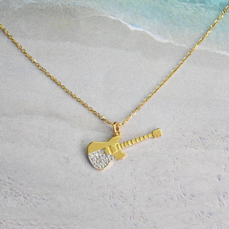 14k Solid Gold Diamond Guitar Charm Pendant Necklace Diamond Guitar ...