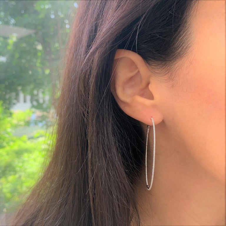 14K Gold Diamond Inside Out Hoop Skinny Earrings 2" inches For Sale at ...
