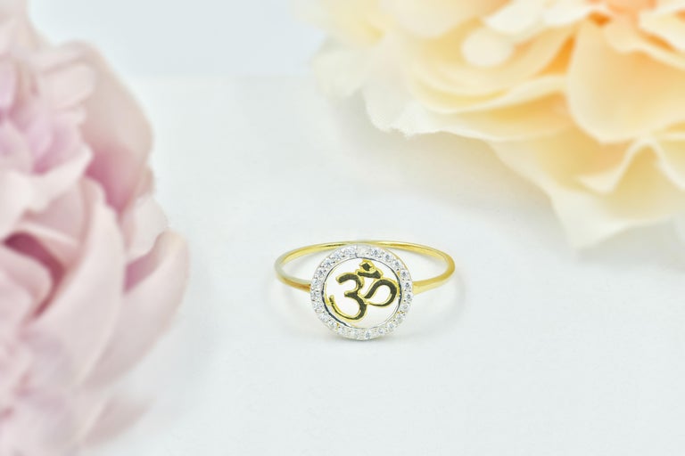 Customizable 14K Gold 0.19 Carat Diamond Halo Om Hindu Religious Ring ...