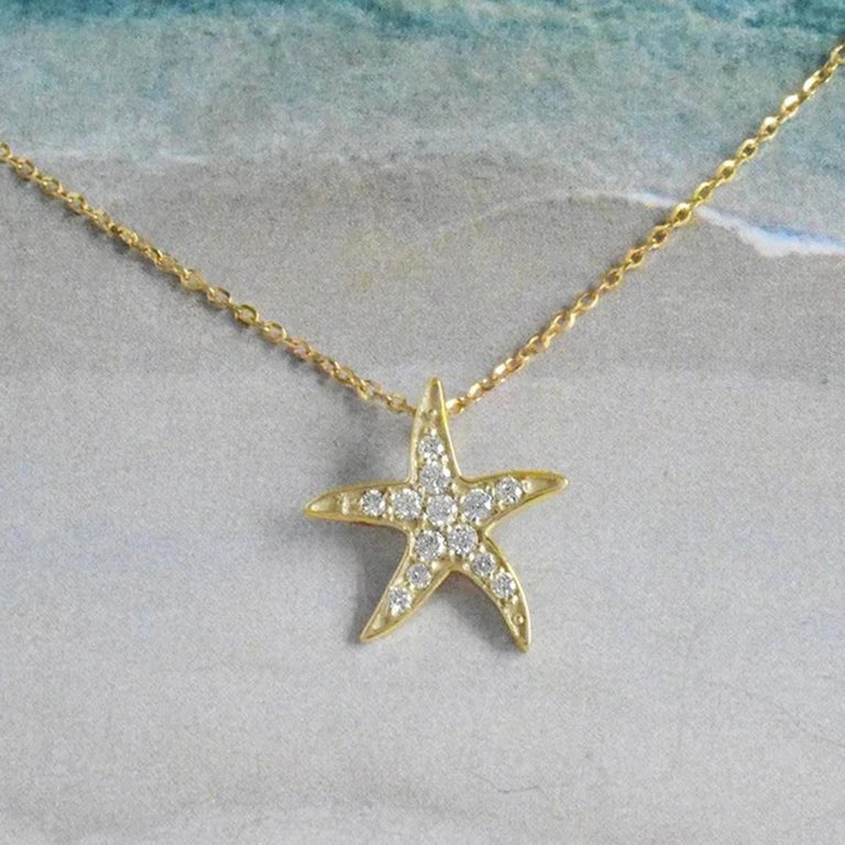 14k Gold Diamond Starfish Pendant Necklace Ocean Beach Jewelry For Sale ...