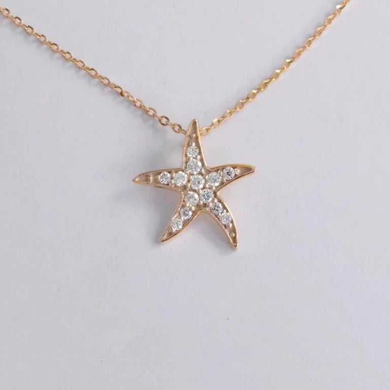 14k Gold Diamond Starfish Pendant Necklace Ocean Beach Jewelry For Sale ...