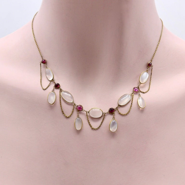 14K Gold Edwardian Festoon Moonstone and Garnet Necklace For Sale at ...