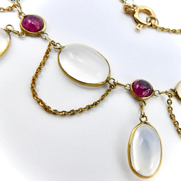 14K Gold Edwardian Festoon Moonstone and Garnet Necklace For Sale at ...