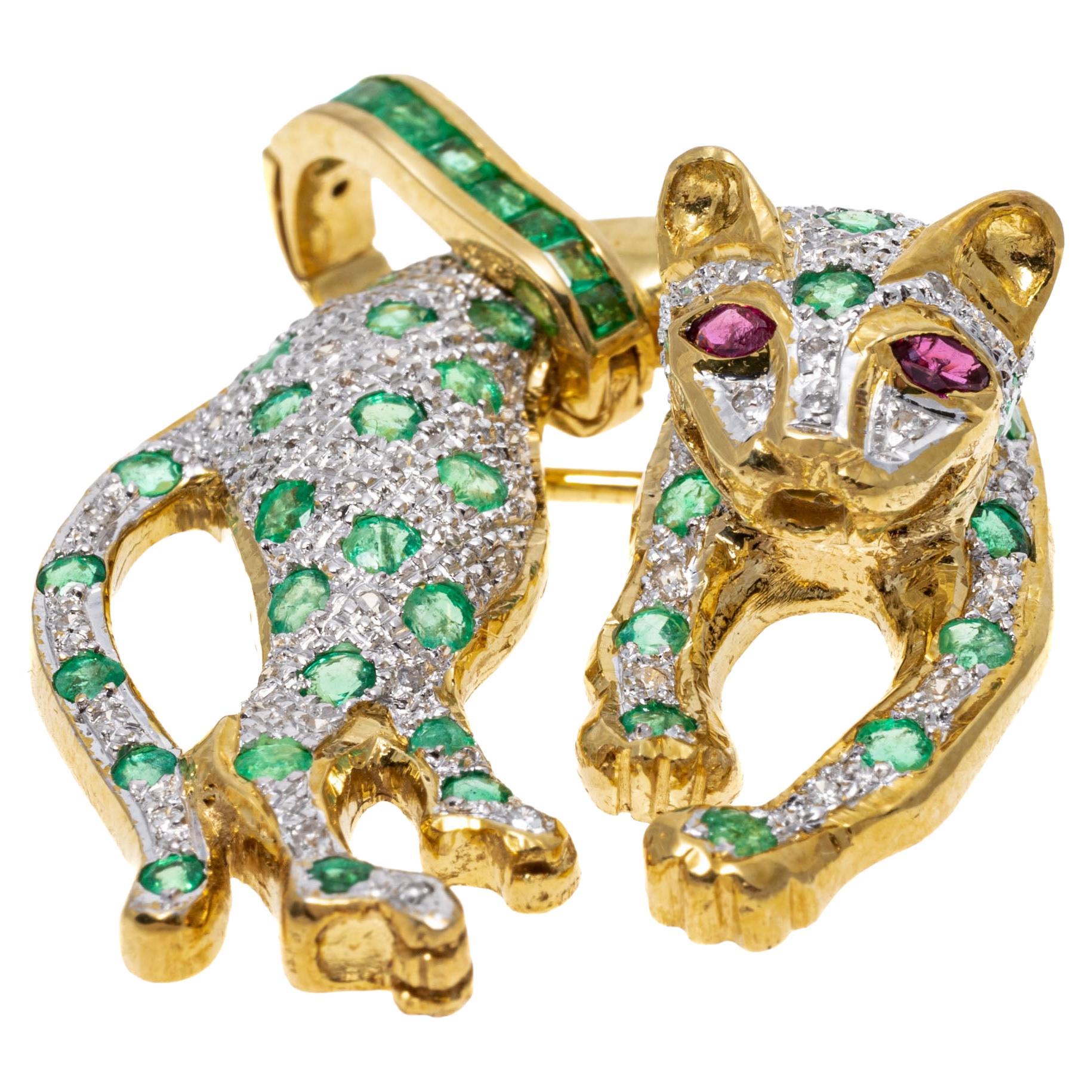 14k Gold Emerald and Diamond Panther Golden Fleece Motif Brooch/Pendant ...