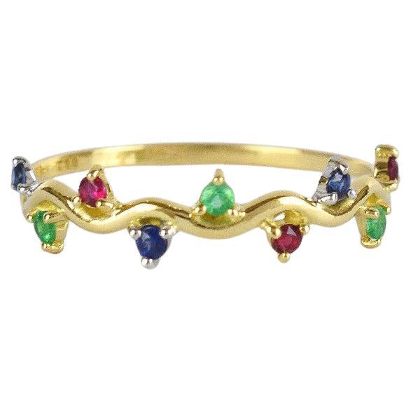 Set of 3 Tri Color 14k Gold Stackable Wave Band Rings Ruby Sapphire ...