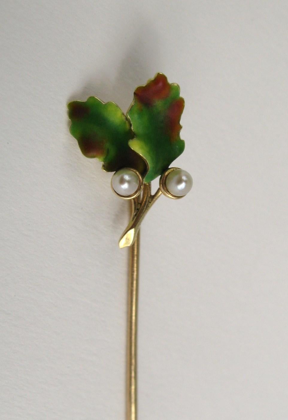 14 Karat Gold Enamel Leaf and Seed Pearl Stick Pin For Sale at 1stDibs