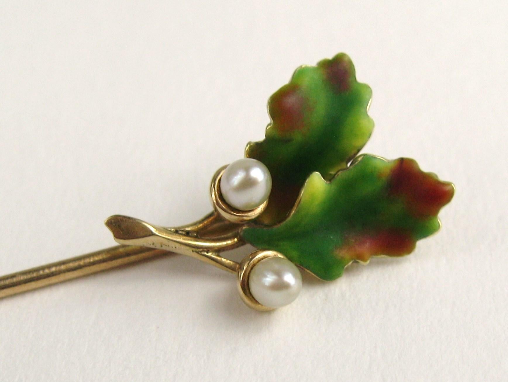 14 Karat Gold Enamel Leaf and Seed Pearl Stick Pin For Sale at 1stDibs