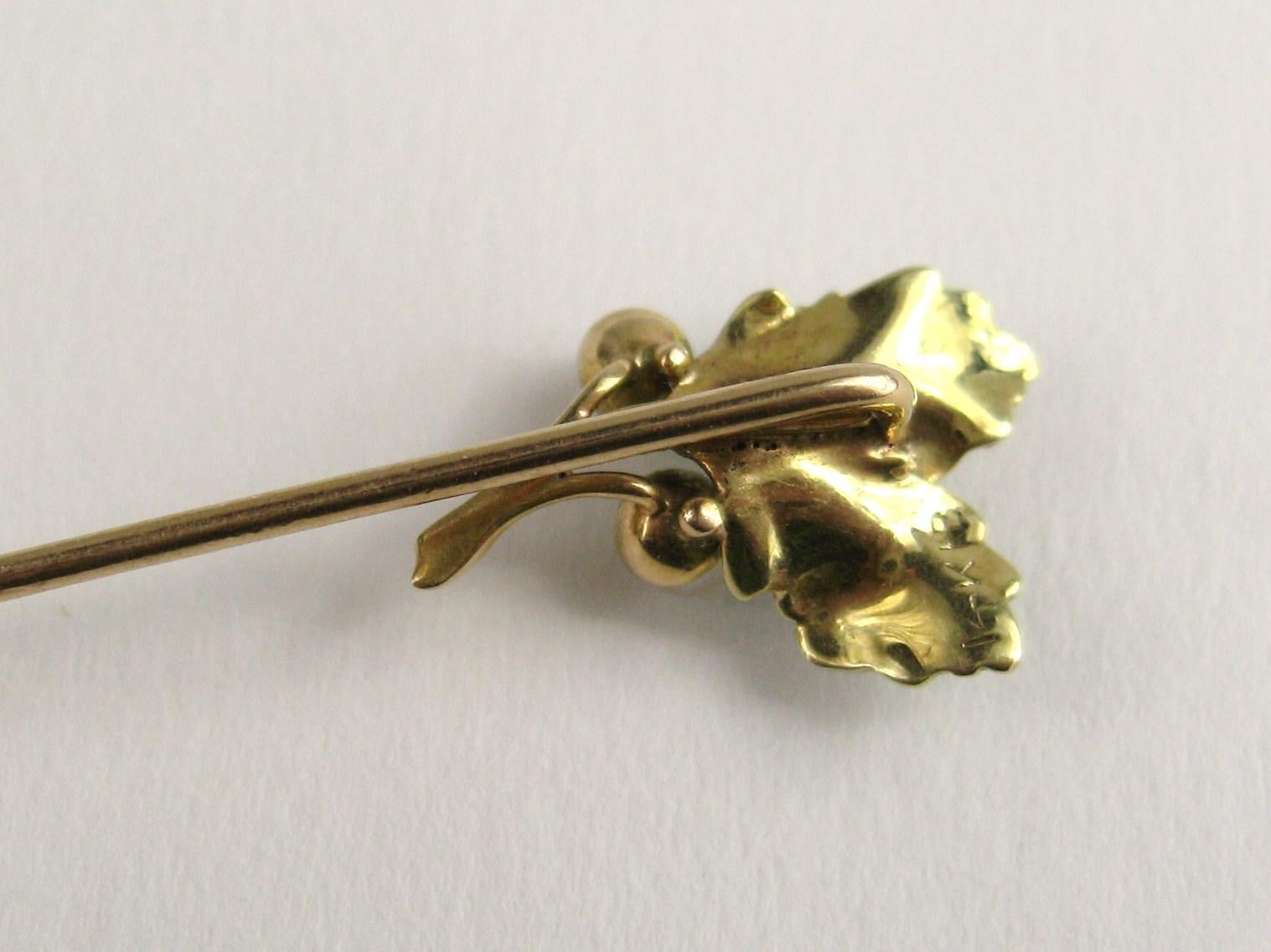 14 Karat Gold Enamel Leaf and Seed Pearl Stick Pin For Sale at 1stDibs