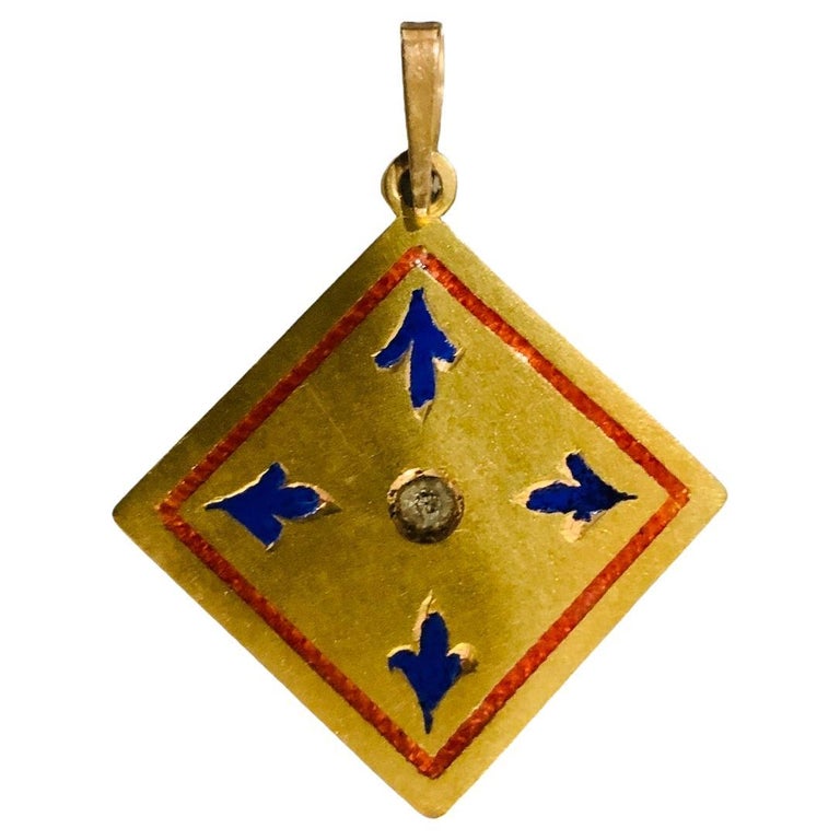 14k Gold Enamel Square Pendant For Sale at 1stDibs