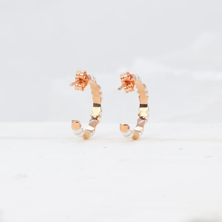 14K Gold Enameled Circle Earrings, Solid Gold C Shaped Earrings For ...
