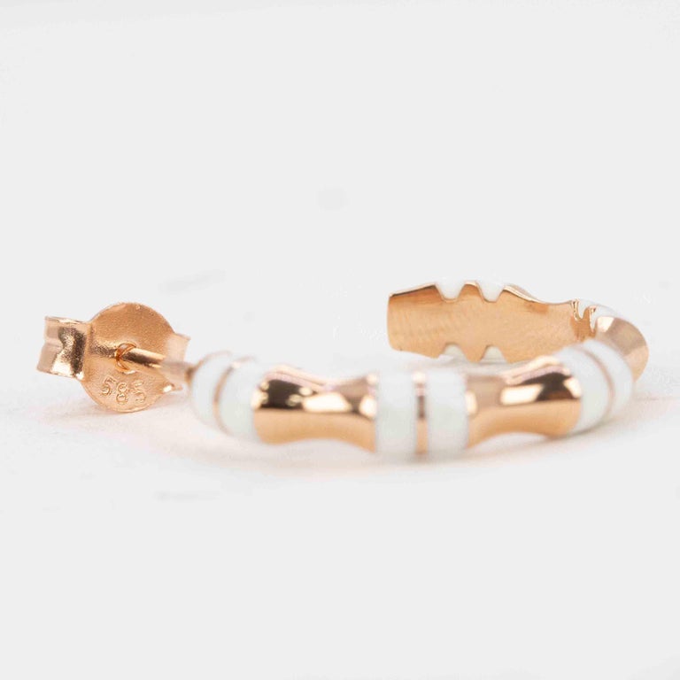 14K Gold Enameled Circle Earrings, Solid Gold C Shaped Earrings For ...