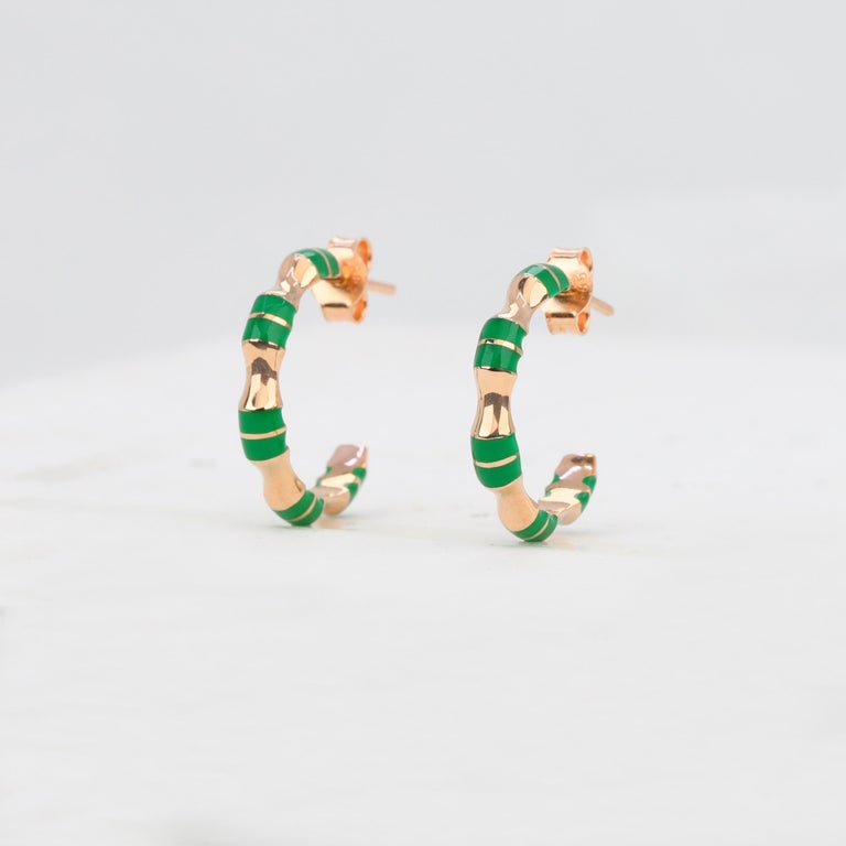 14K Gold Enameled Circle Earrings, Solid Gold C Shaped Earrings For ...