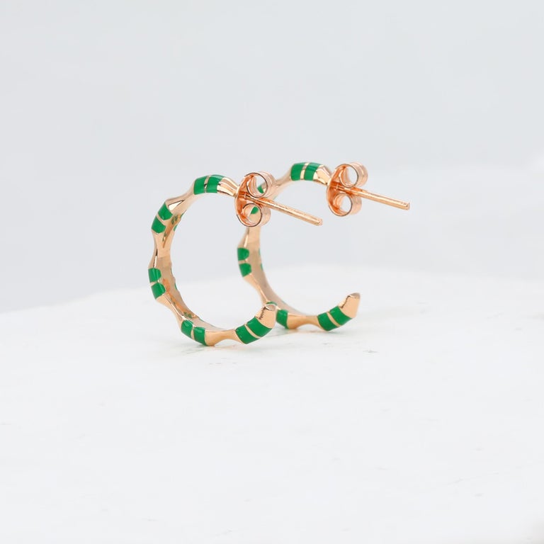 14K Gold Enameled Circle Earrings, Solid Gold C Shaped Earrings For ...