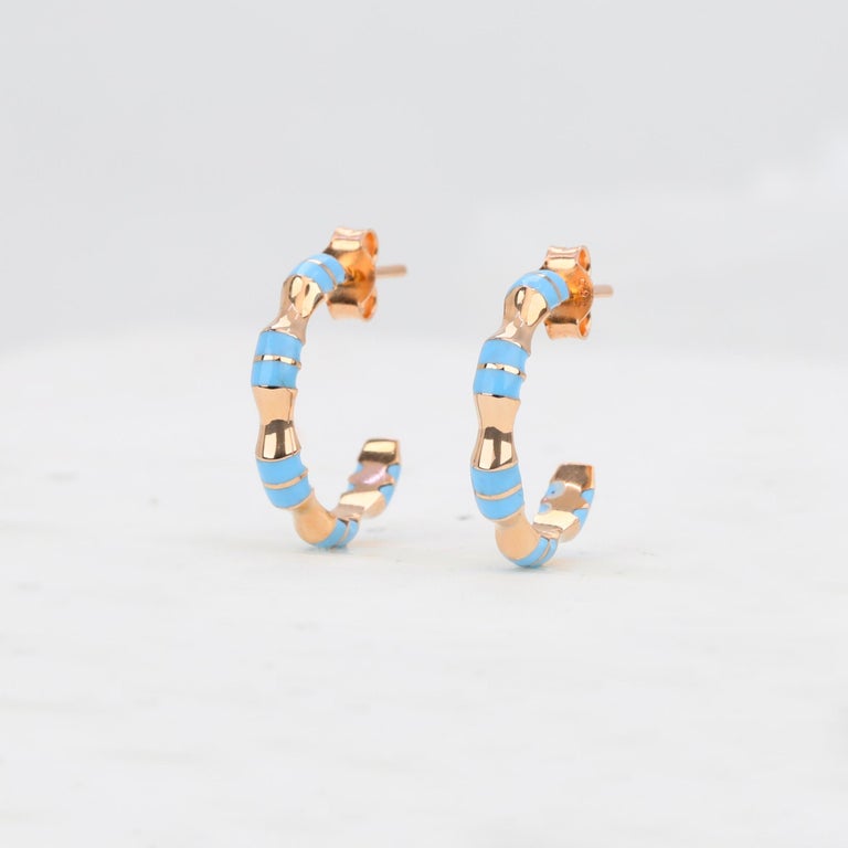 14K Gold Enameled Circle Earrings, Solid Gold C Shaped Earrings For ...