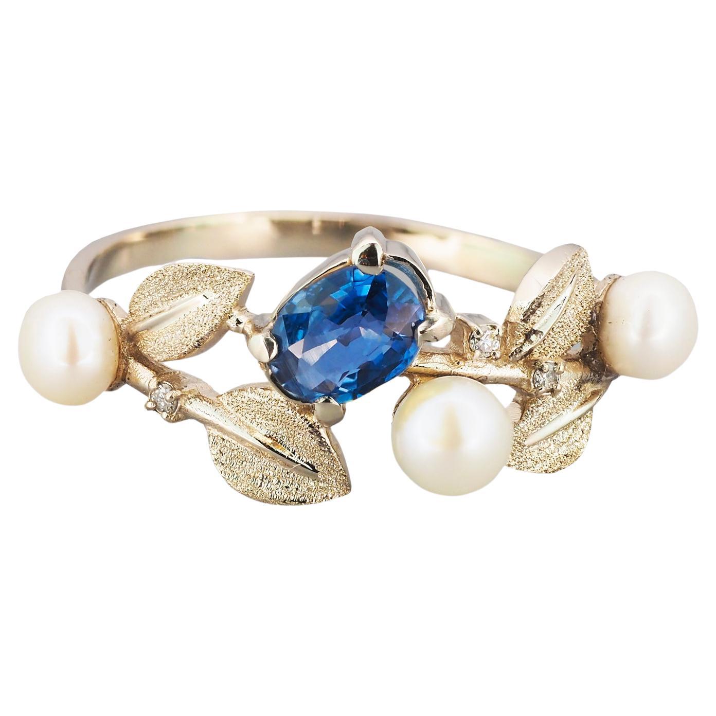14k Gold, Sapphire and Seed Pearl Ring at 1stDibs