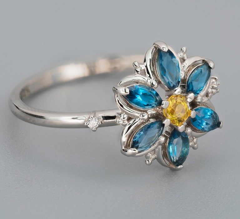 Customizable 14k Gold Forget Me Not Flower Ring with Topaz and Sapphire ...