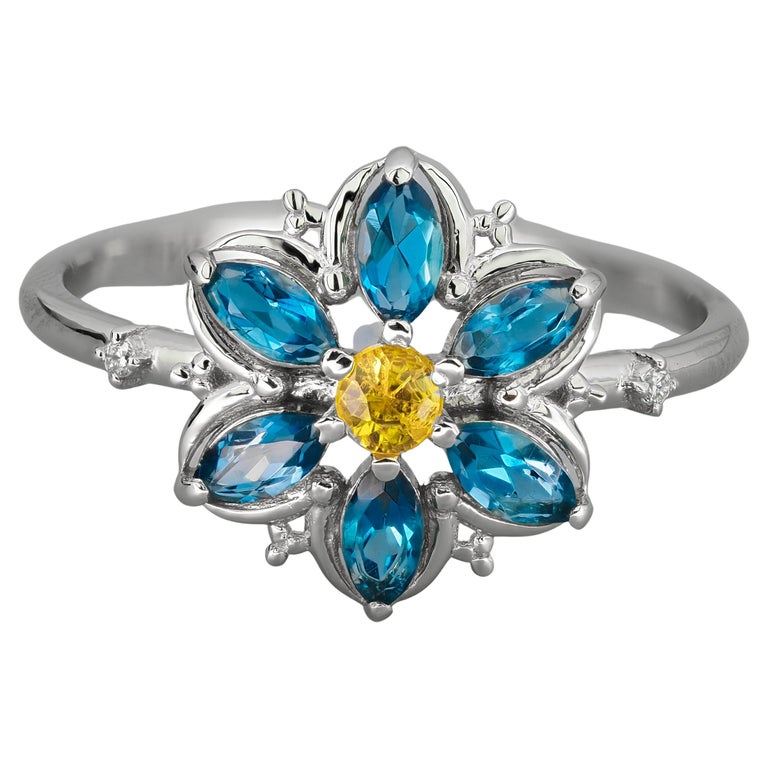 Customizable 14k Gold Forget Me Not Flower Ring with Topaz and Sapphire ...