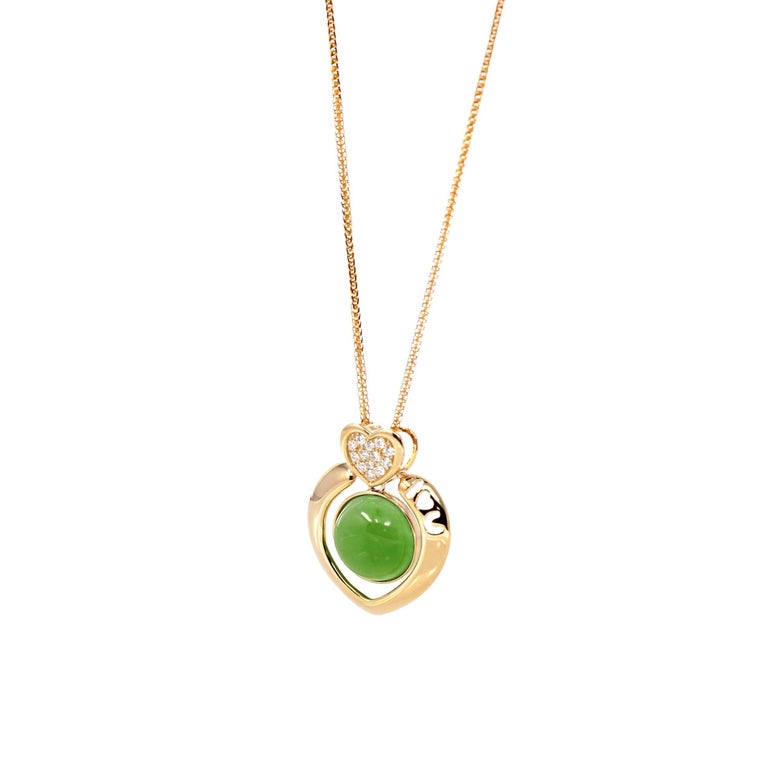 14K Gold Genuine Green Apple Green Jade Love Pendant Necklace with VS1 ...