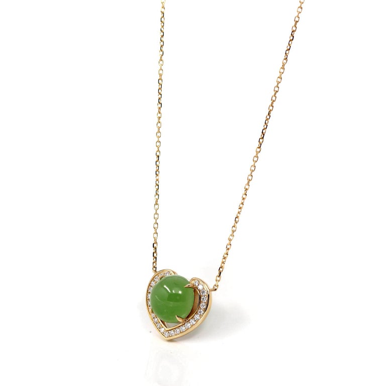 14K Gold Genuine Green Apple Green Jade Love Pendant Necklace with VS1 ...