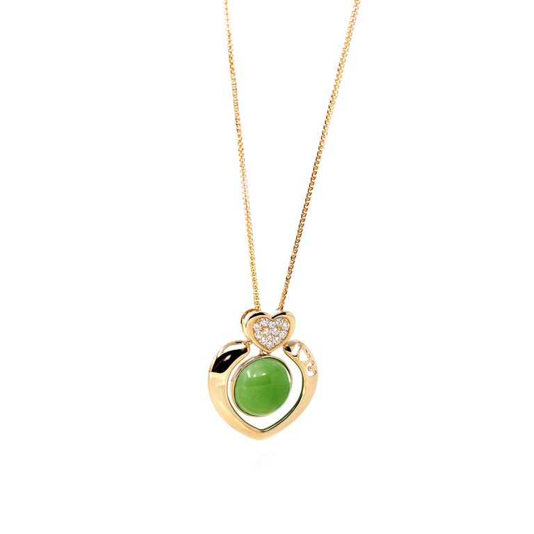 14K Gold Genuine Green Apple Green Jade Love Pendant Necklace with VS1 ...