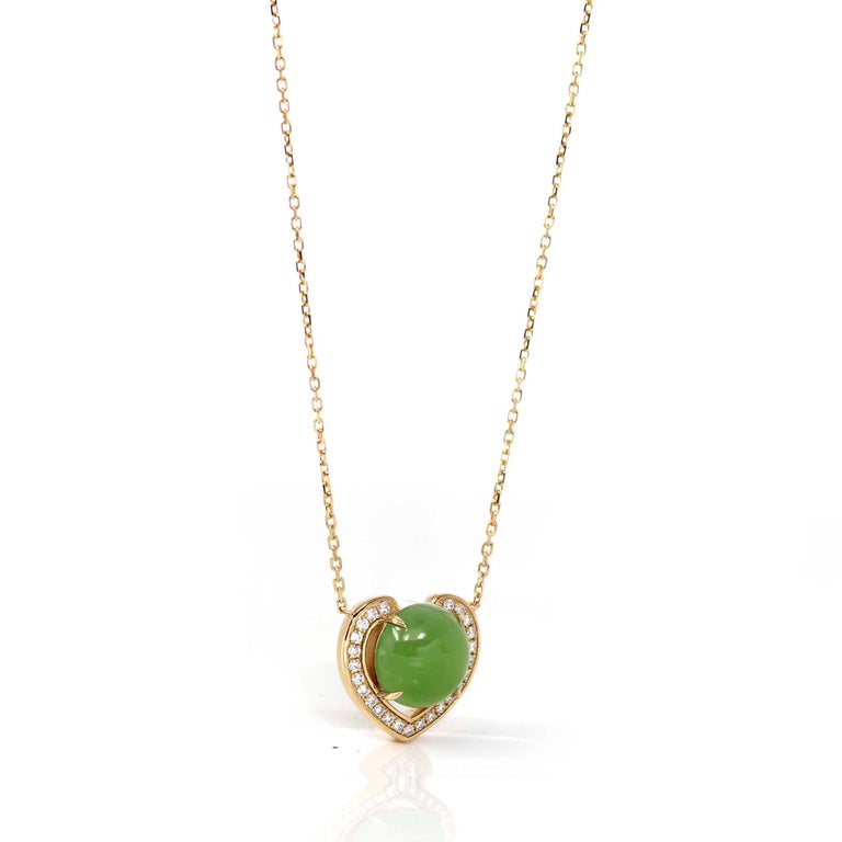 14K Gold Genuine Green Apple Green Jade Love Pendant Necklace with VS1 ...