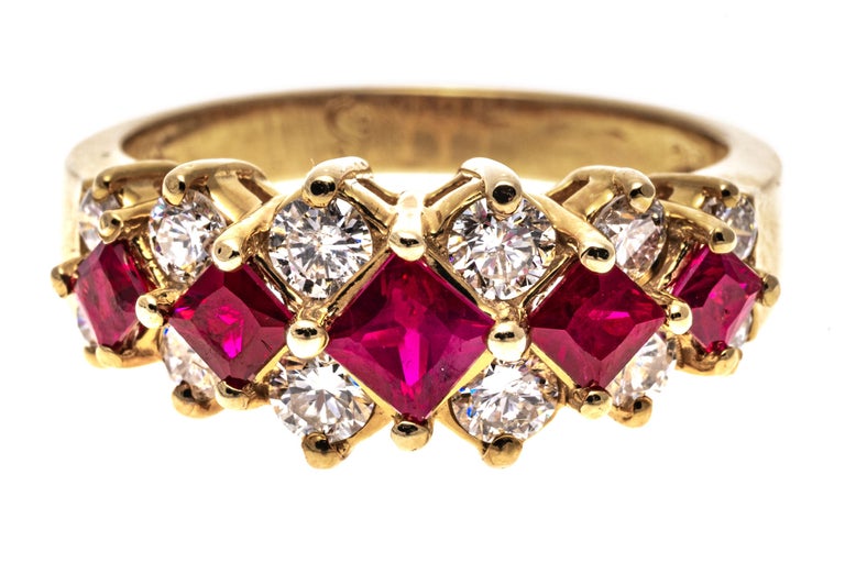 14k Gold Graduated Three Row Square Ruby and Round Diamond Ring For ...