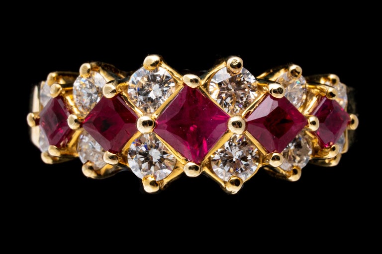14k Gold Graduated Three Row Square Ruby and Round Diamond Ring For ...