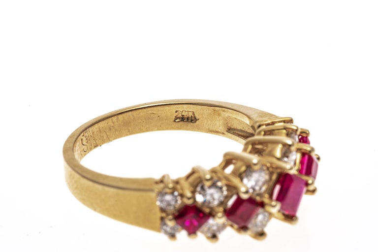 14k Gold Graduated Three Row Square Ruby and Round Diamond Ring For ...