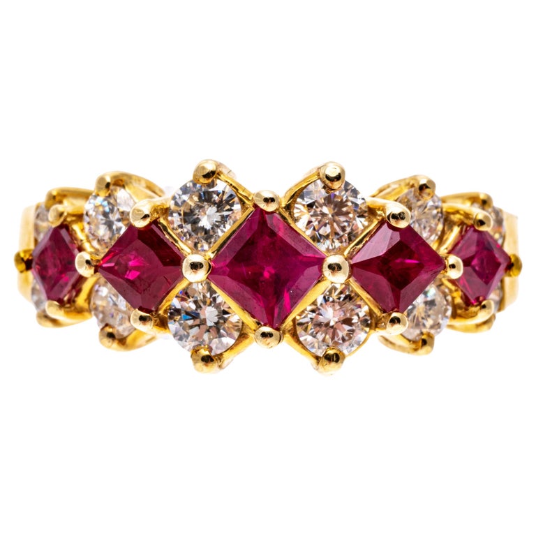 14k Gold Graduated Three Row Square Ruby and Round Diamond Ring For ...